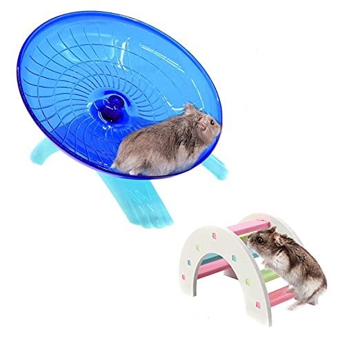 2 Pack Rat Flying Saucer Exercise Wheel & Wood Bridge Rainbow Climb - Durable ABS Plastic Running & Jogging Running Silent Spinner - for Mouse Hedgehog Chinchilla Pets Mice Hamsters Gerbil Cage Toy