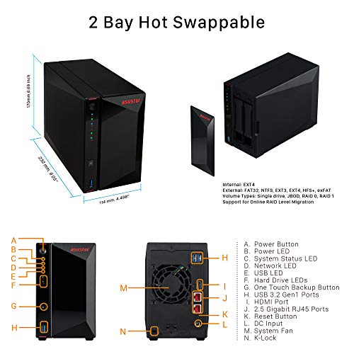 Asustor AS5202T - 2 Bay NAS, 2.0GHz Dual-Core, 2 2.5GbE Ports, 2GB RAM DDR4, Gaming Network Attached Storage, Personal Private Cloud (Diskless)