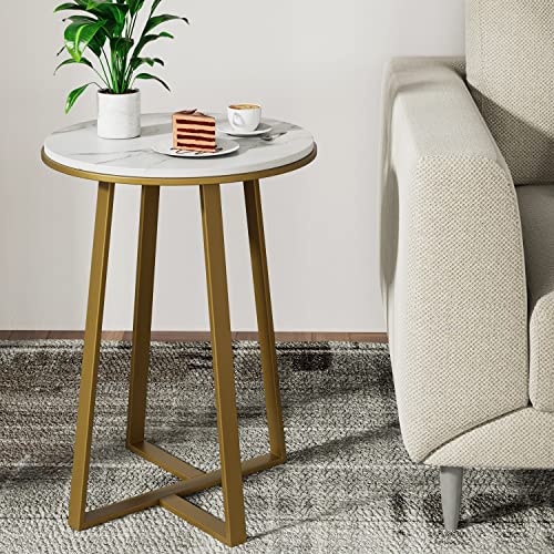 Dorriss Round End Tables, Small End Table White Marble Texture MDF Top,Metal Frame Gold Color, Tall End Table for Bed Room,Coffee Tea End Table for Living Room (White Marble+Gold)