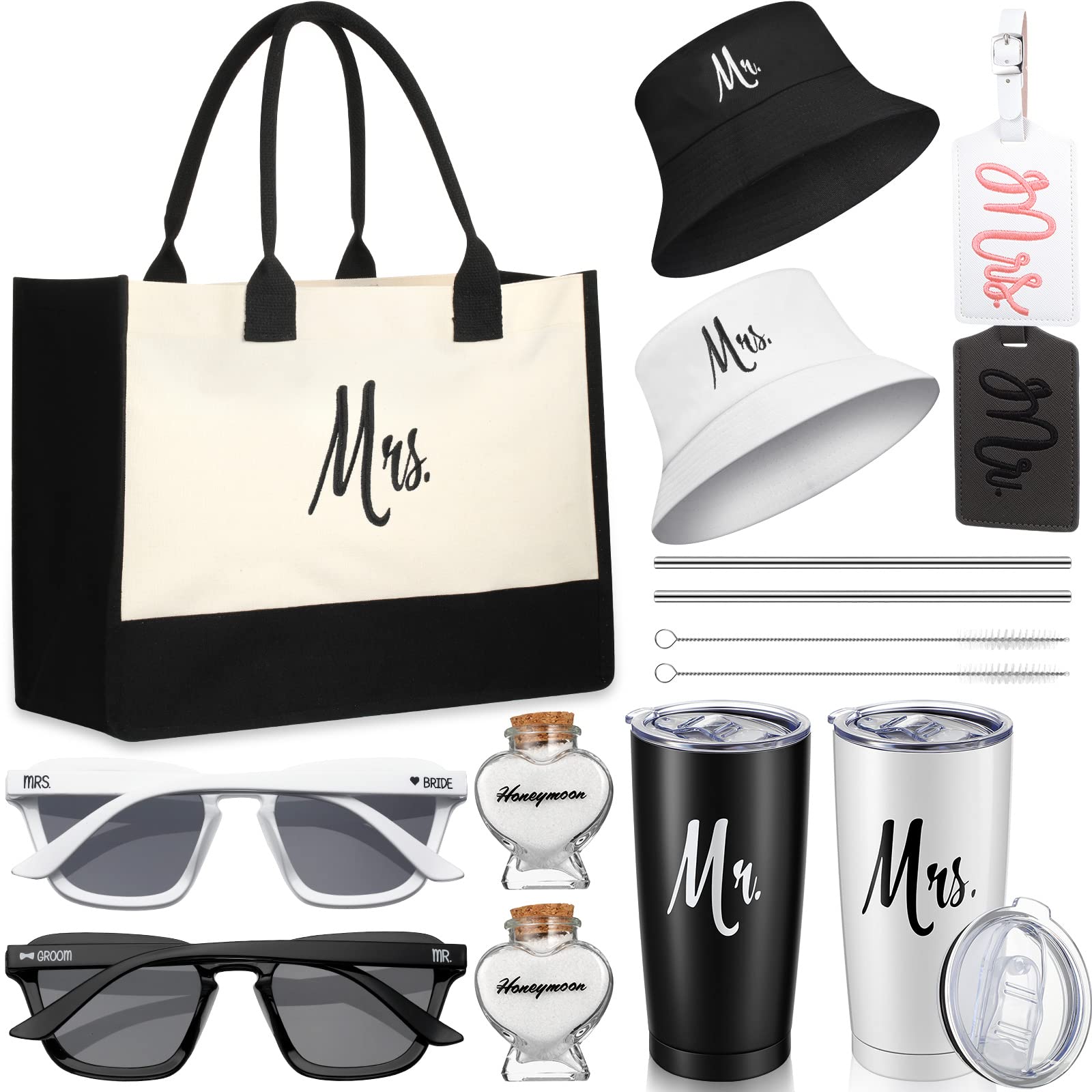 11 Pcs Wedding Gifts for Bride and Groom Sets, Include Tote Bag, Mr Mrs Hats Sunglasses, Honeymoon Sand Keepsake Jar, Tumbler, Mr and Mrs Luggage Tags for Bridal Shower Gifts for Bride (Lovely)