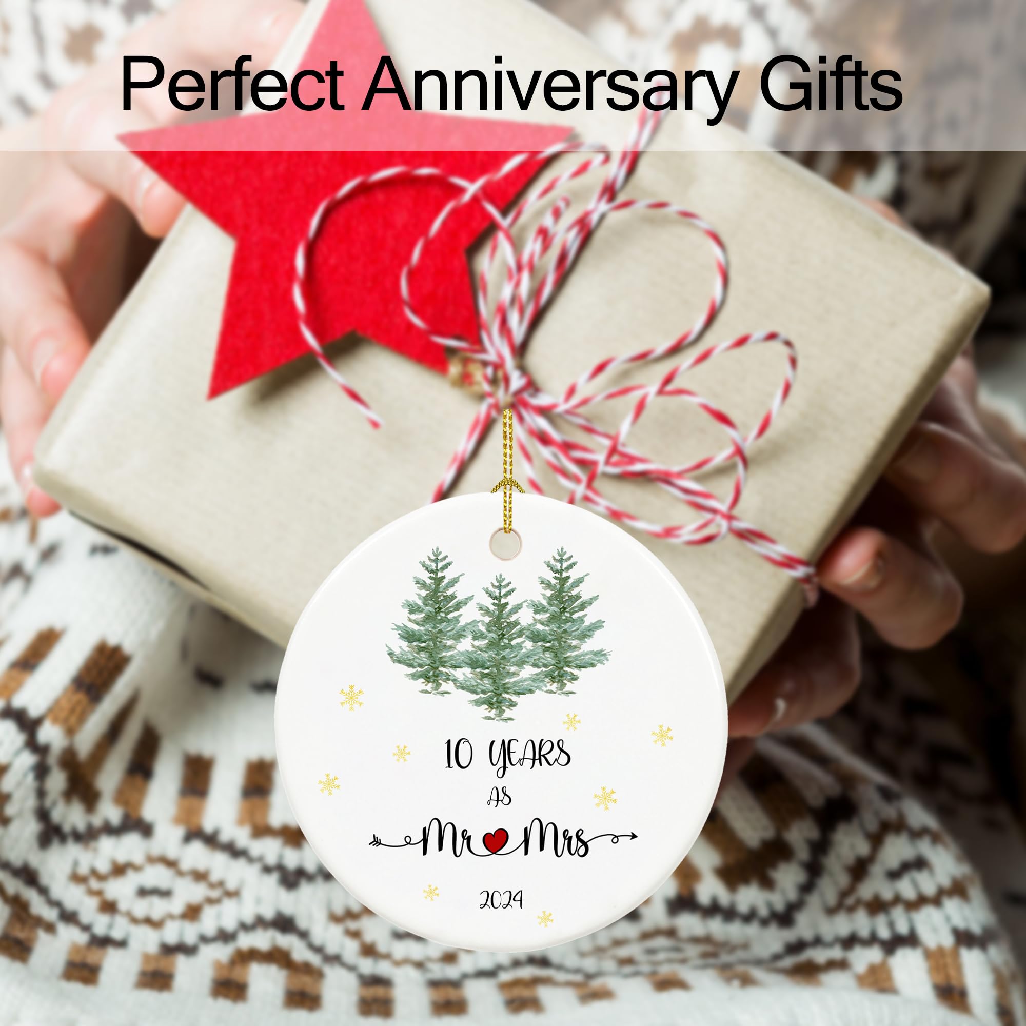 10th Tin Anniversary 2024, 10 Year Anniversary Mr and Mrs Gifts for Couple, 10th Wedding Anniversary for Husband Wife, 2.9" Ceramic 10th Anniversary Keepsake Christmas Decoration