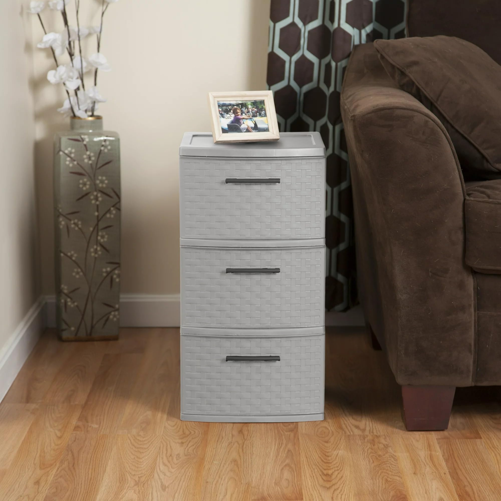 3-Drawer Wide Weave Design Storage Tower, Gray Frame & Drawers w/Driftwood Handles, Brown, Case of 1 (Gray)