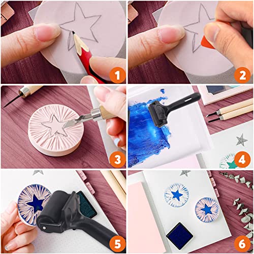 Rustark 12Pcs Rubber Stamp Making Kit with Stamp Block, Rubber Brayer Roller,Rubber and Wood Carving Cutting Tool, Block Printing Starter Tool Kit for Inking Blocks Carving and Printmaking