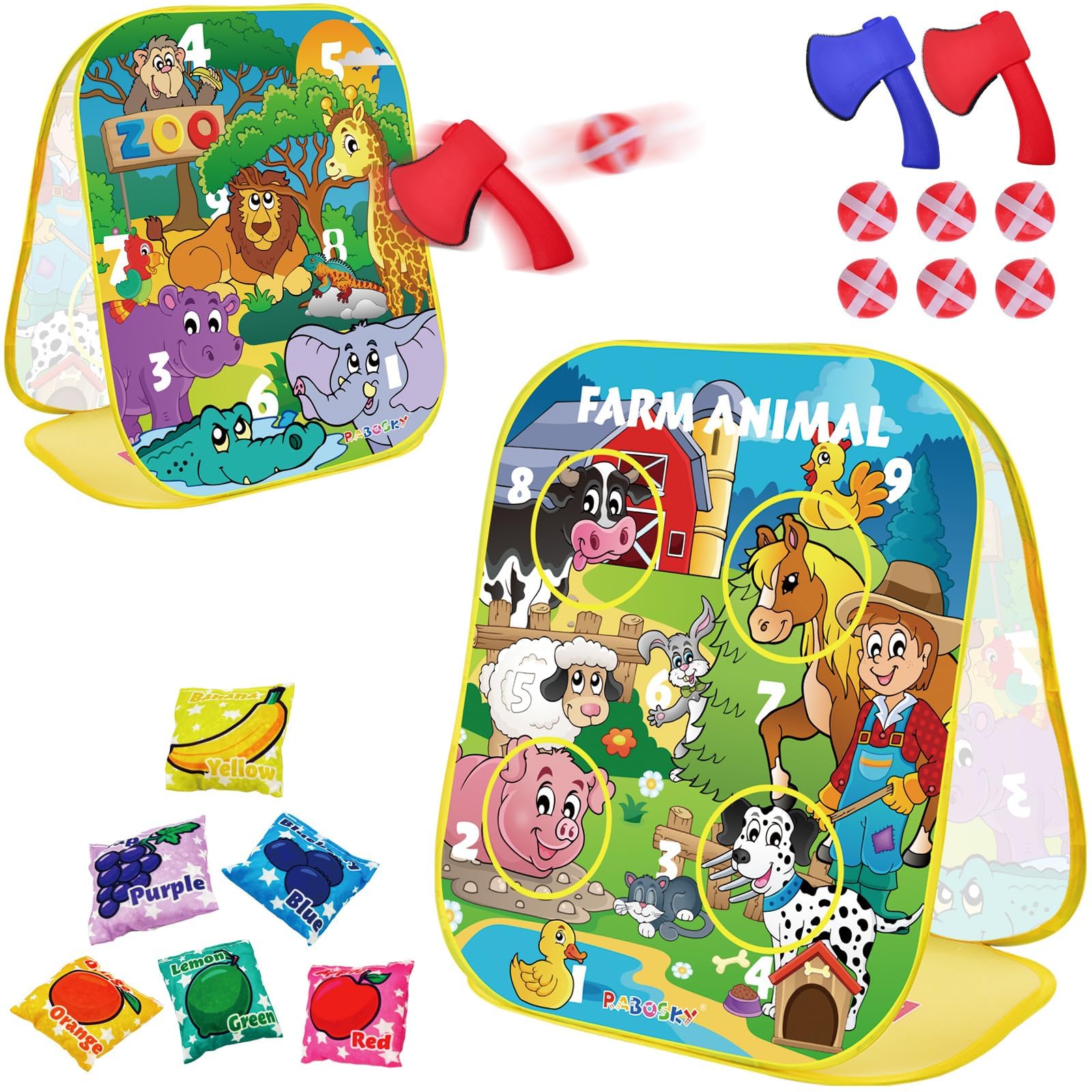 3-in-1 Farm Animals Bean Bags Toss Axes Throwing Sticky Balls Game for Kids 2 3 4 5 Years Old Toddlers Indoor Outdoor Sports Toys Gifts for Boys Birthday Valentines Easter Christmas Stocking Stuffer