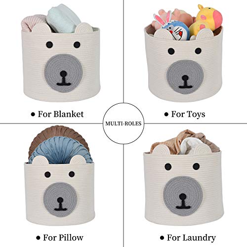 InfiBay Cotton Rope Storage Basket with Cute Bear Design, Woven Laundry Basket with Handles, Baby Nursery Organizer for Toys, Blanket, Clothes, Towels, 12β(D) x 11β(H)