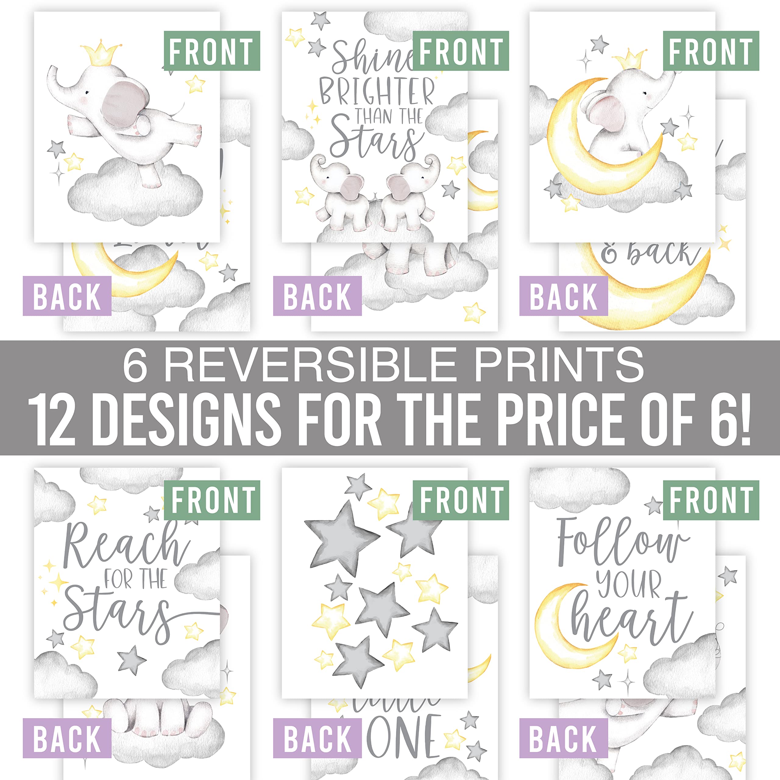 Hadley Designs 6 Reversible 8x10 Elephant Nursery Decor Wall Art Prints For Bedroom Posters, Baby Elephant Baby Shower Decorations For Wall Art Prints, Stars and Moon Nursery Decor
