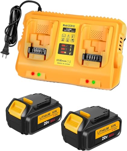 2 Pack 6.0Ah Replacement for Dewalt 20V Battery and 2-Ports DCB104 Battery Charger Station Compatible with dewalt 12-20V Battery