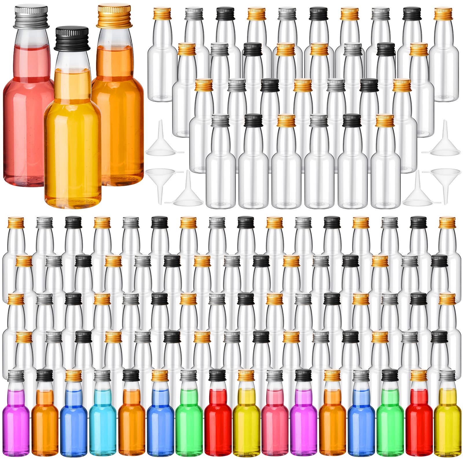120 Pcs Mini Liquor Bottles, Plastic Spirit Bottle, 2 oz Mini Empty Plastic Alcohol Shot Bottles with Funnels, Airtight Shot Bottles Miniature Bottles for Party Favors, Weddings (Silver, Gold, Black)