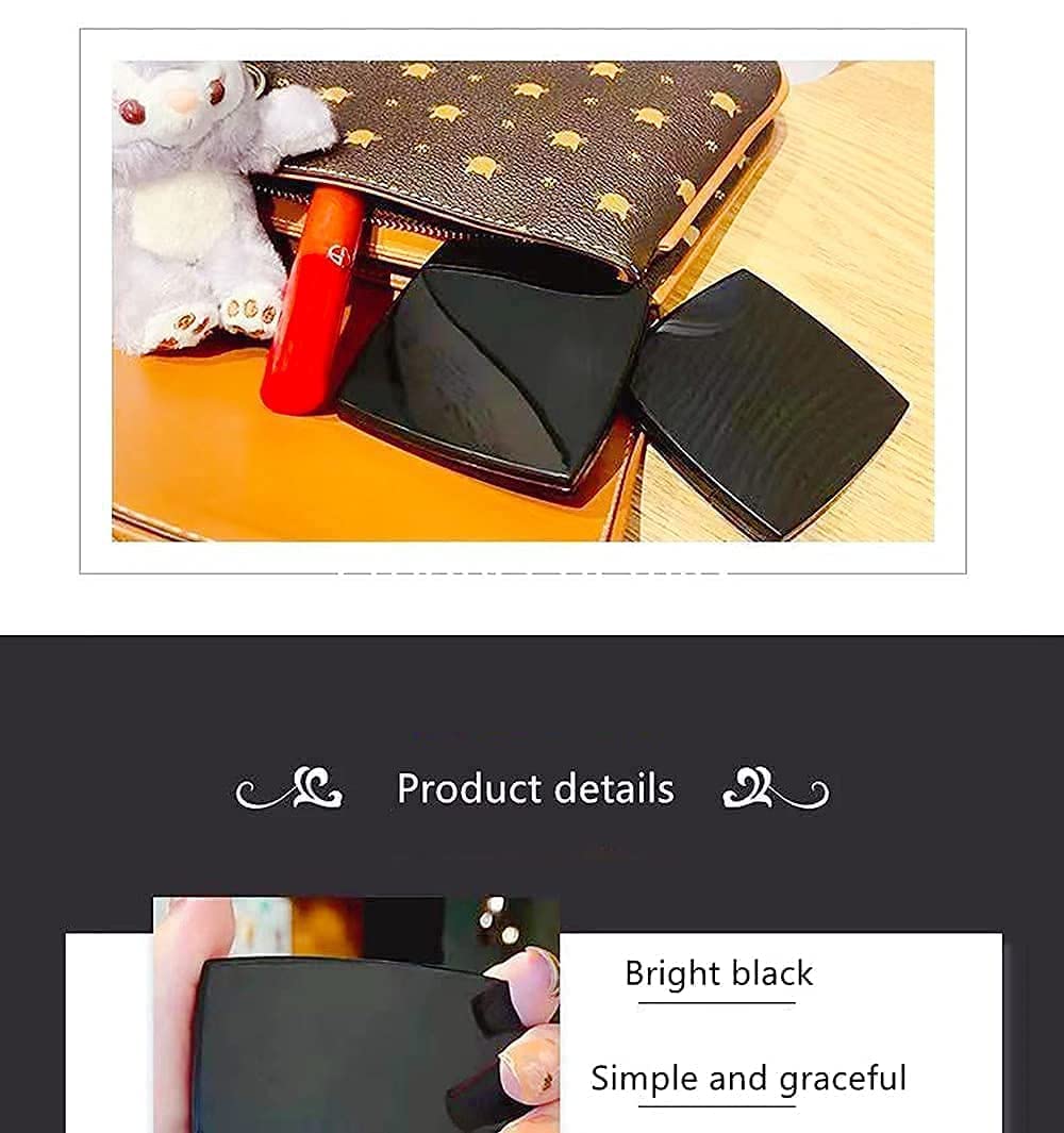 EUTECH Fashion Compact Cosmetic Mirror, Elegant Compact Purses Makeup Mirror, Small Compact Mirror 2 x 1 Magnification, Square, Perfect for Purses - Travel, Black