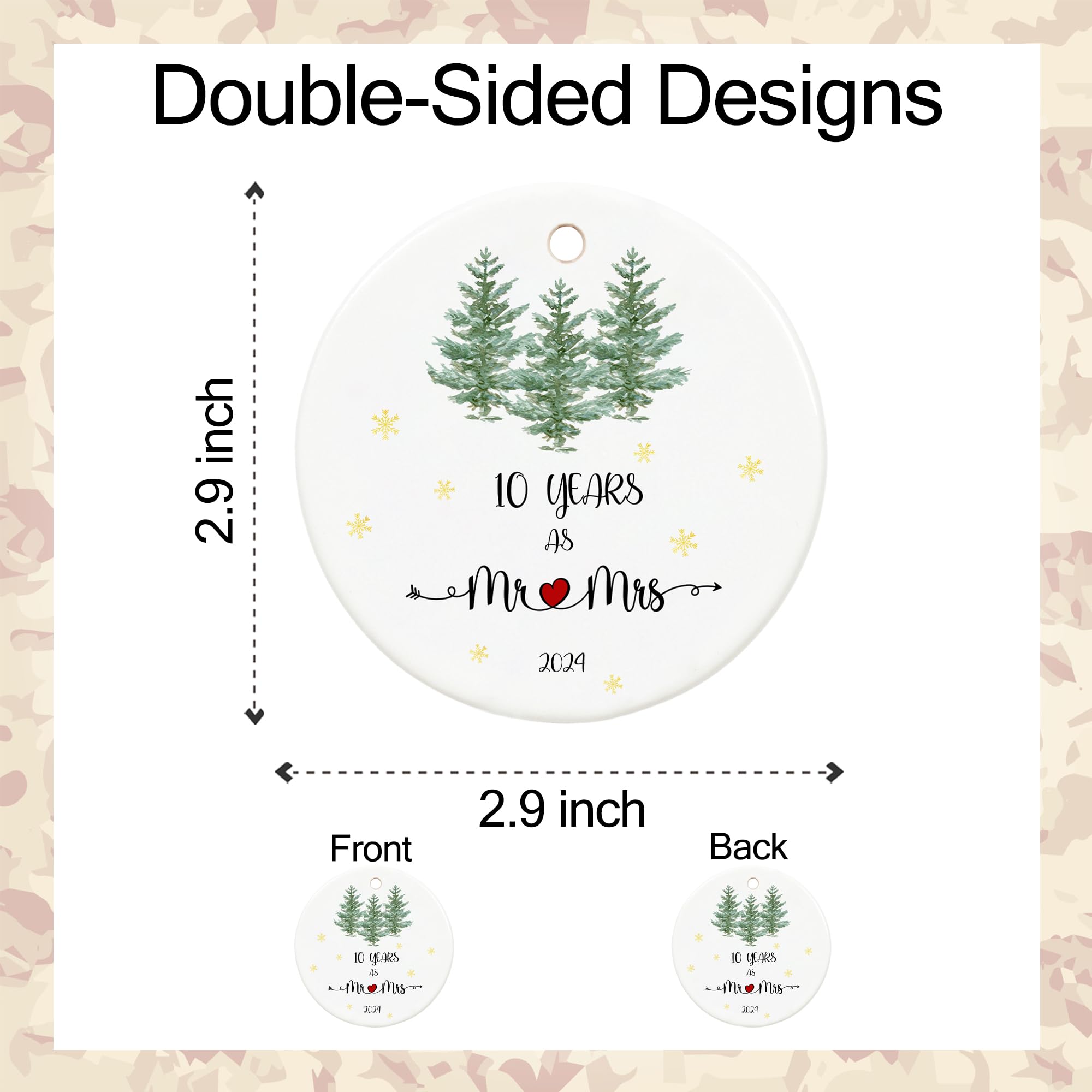 10th Tin Anniversary 2024, 10 Year Anniversary Mr and Mrs Gifts for Couple, 10th Wedding Anniversary for Husband Wife, 2.9" Ceramic 10th Anniversary Keepsake Christmas Decoration