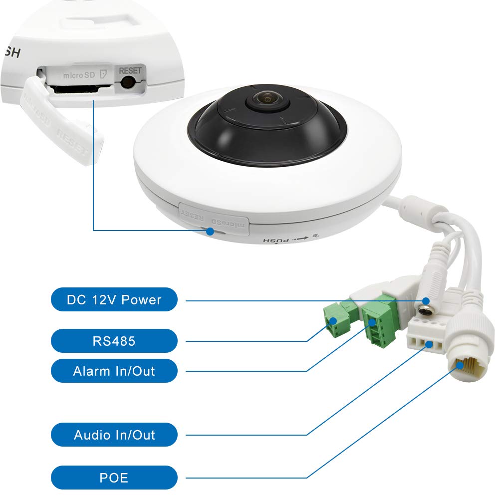5MP FishEye Panoramic PoE IP Security Camera Indoor, OEM DS-2CD2955FWD-IS with 1.05mm Fixed Lens, 180° Wide Angle View, Audio & Alarm I/O, Support Micro SD Card, 26ft Night Vision, Smart IVS (DT955)