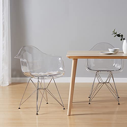 CangLong Clear Plastic Armchair Metal Legs Lounge Arm Chair for Kitchen, Dining, Living, Guest, Bed Room, Set of 2, Transparent 1