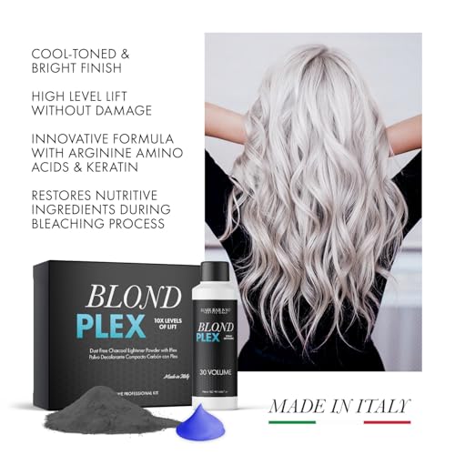 HAIR BAR NYC Blond Plex Extreme 10X Lightener + 30 Volume Anti-Yellow Violet Developer Kit - Black/Charcoal Dust-Free Hair Bleach with Keratin & Bond Building, Cool-Toned, Bright Finish Kit 60g/2.11oz