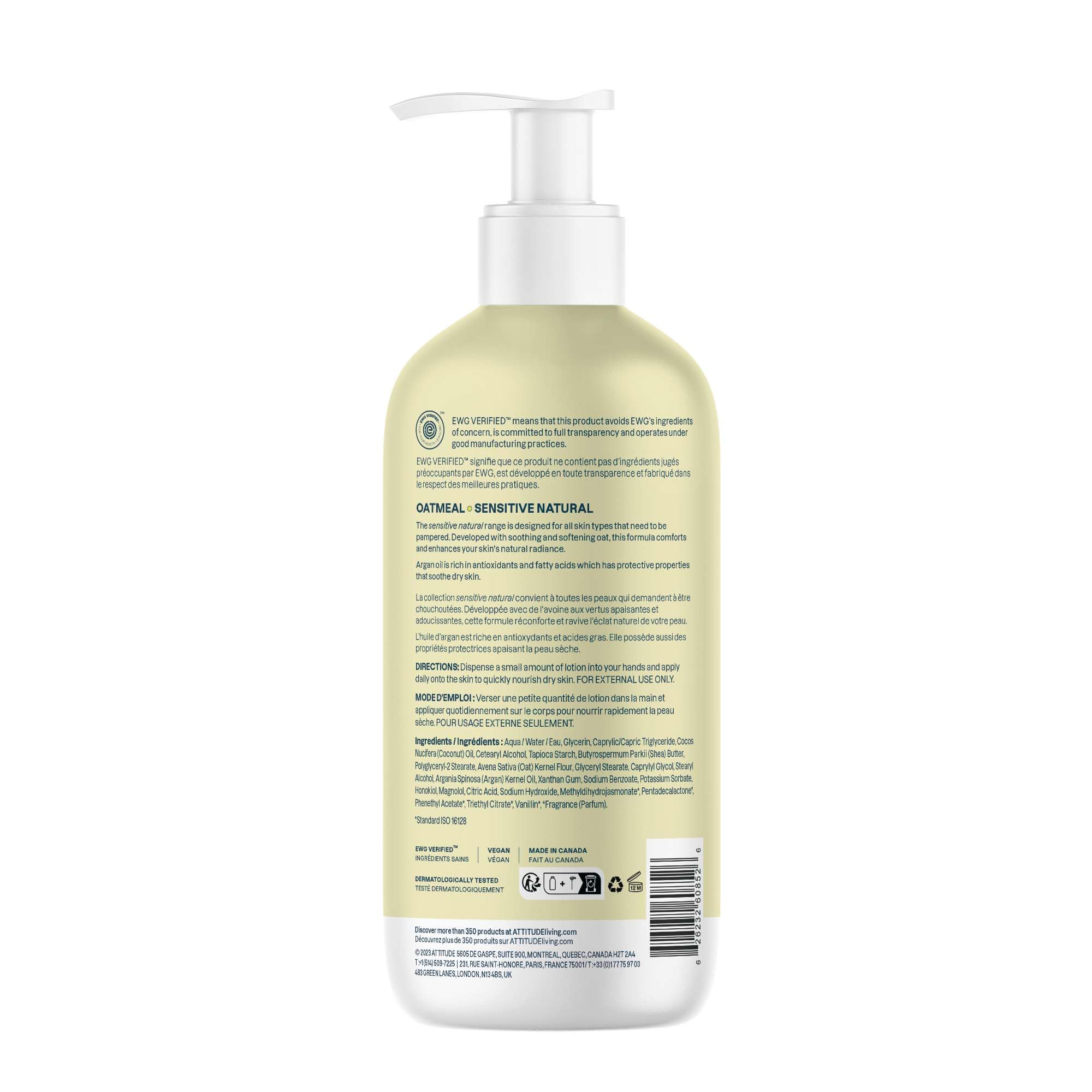 ATTITUDE Body Lotion for Sensitive Skin with Oat, EWG Verified, Dermatologically Tested, Vegan, Argan Oil, 16 Fl Oz