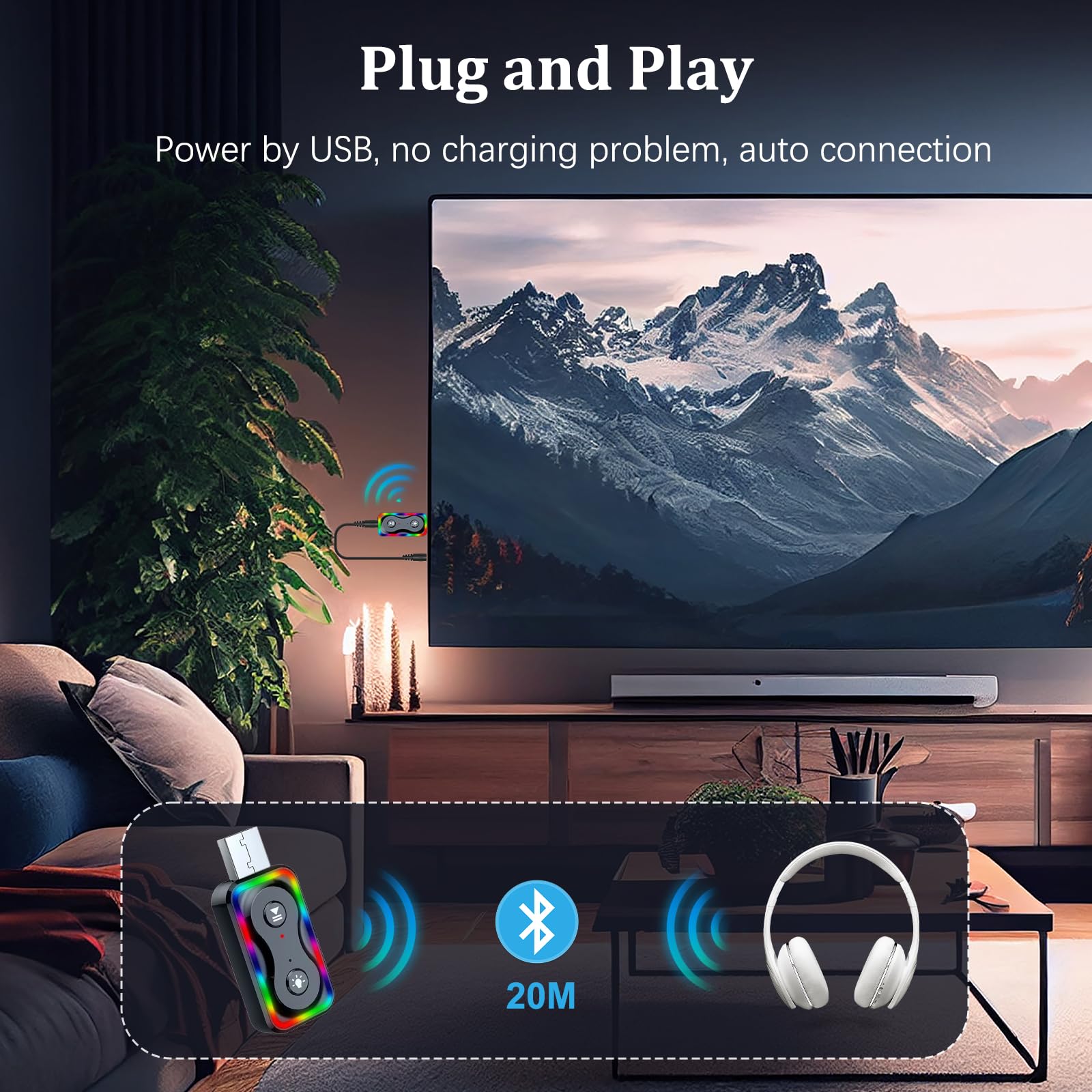 2 in 1 Bluetooth 5.3 Transmitter and Receiver, Low Latency Bluetooth Audio Adapter for TV to Bluetooth Headphone, Wireless Aux Receiver for Car/TV/Home Stereo/Headphone/Speaker