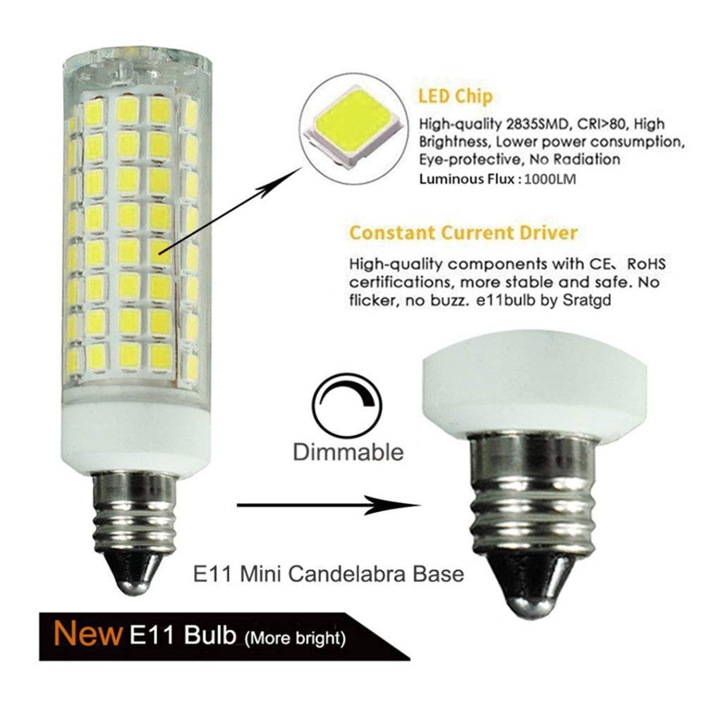10W E11 Mini Ceramic Corn Light Bulbs- 102 LEDs 2835 SMD 1000lm Daylight White 6000K LED Corn JDE11 Lamp 70W Equivalent for Ceiling Fan, Sconce, Cabinet, Dimmable, 120V(No fit E12) (4 Pack)