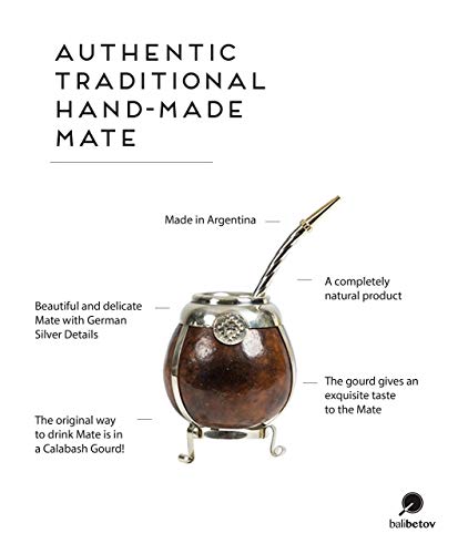 BALIBETOV [New Handmade Yerba Mate Gourd Set - German Silver Trim and Base - [Mate Cup] with Bombilla [Yerba Mate Straw] (Dark Brown)