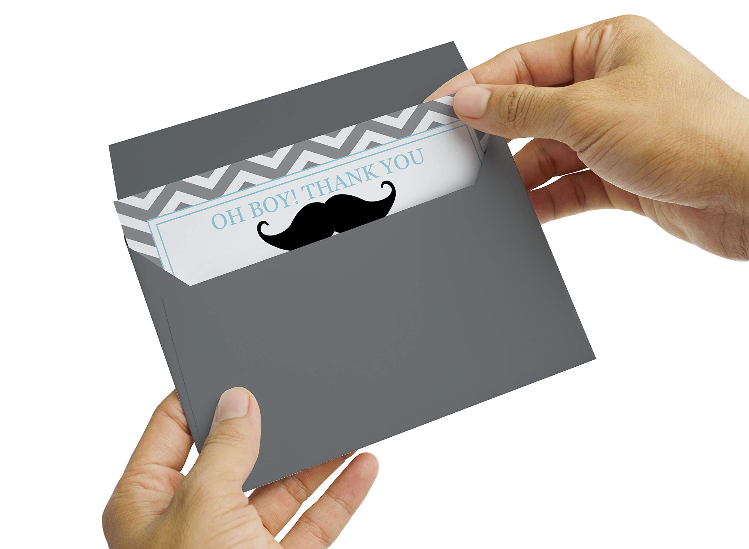 15 Mustache Thank You Cards with Grey Envelopes - Stationery for Boys Baby Shower - Dapper Chevron Stripes