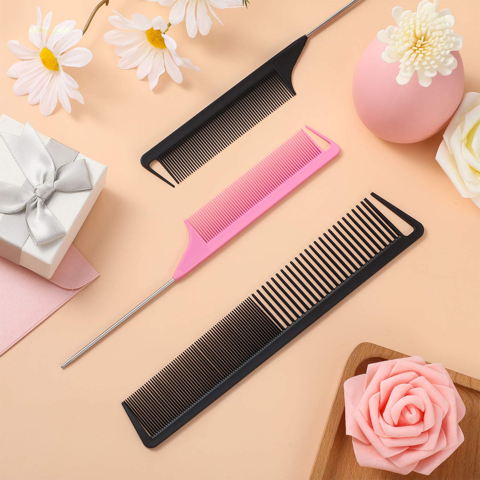 3 Pieces Carbon Fiber and Stainless Steel Hair Combs Set - Pintail, Teasing, and Parting Combs with Wide and Fine Teeth for Braids, Hair Salon, and Home Use, Black