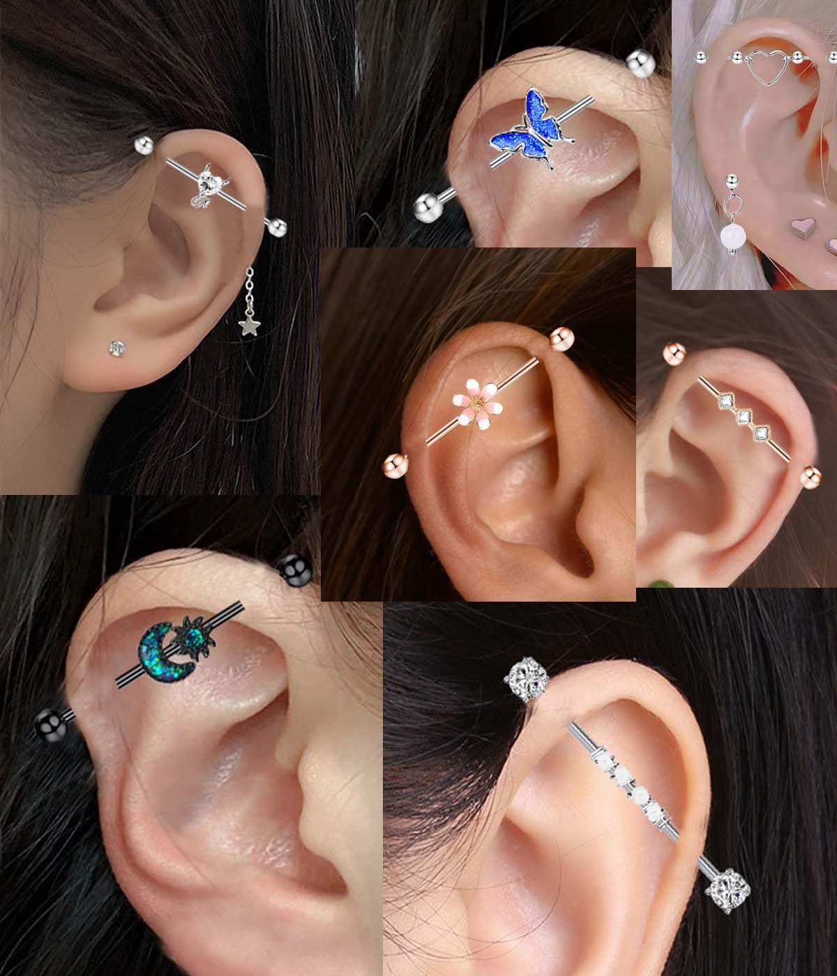 14G Industrial Barbell Earrings Stainless Steel Long Cartilage Helix Conch Body Piercing Jewelry 7-18pcs (Set #1)