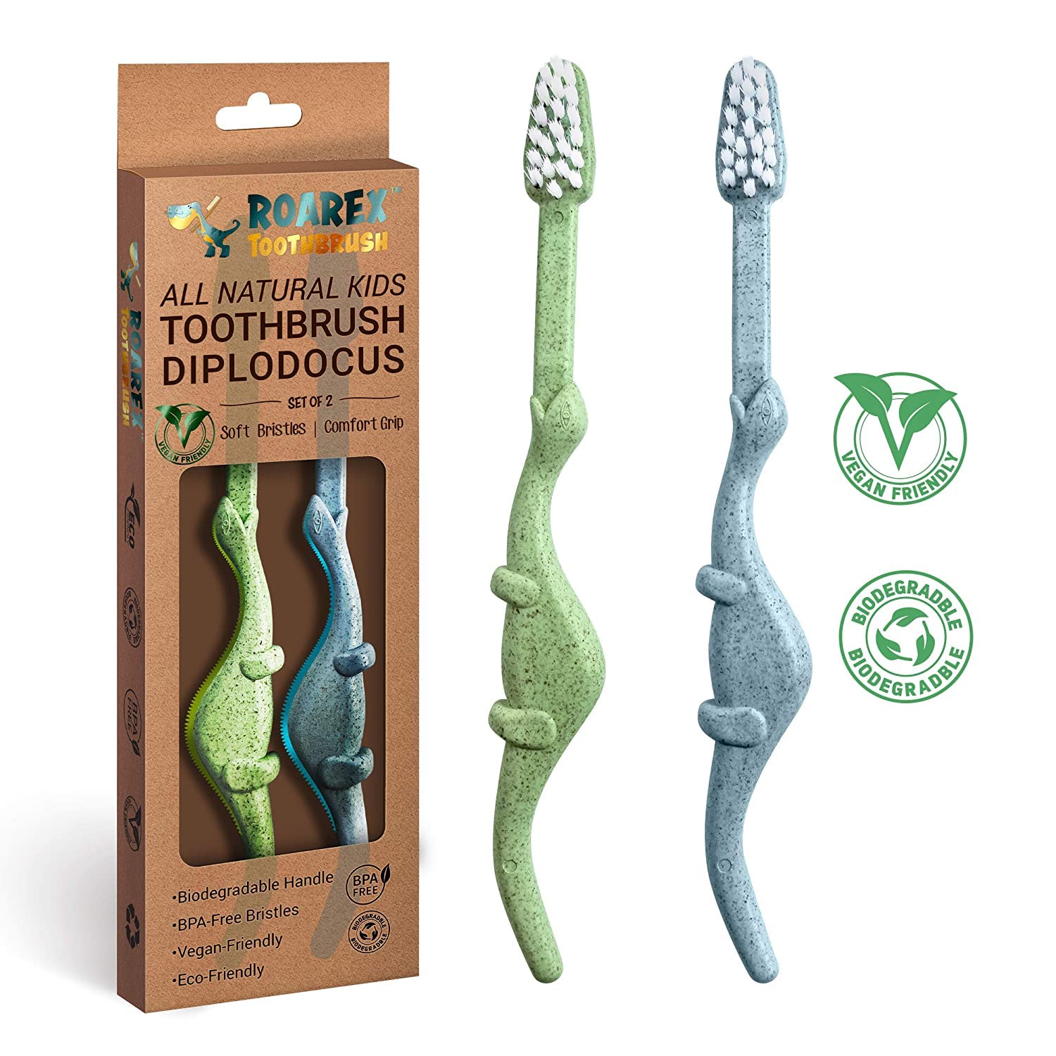 ANPEI ROARex Vegan Kids Toothbrush | Dino Design | Biodegradable & Compostable Natural Plant-Based Toothbrush | Dinosaur Theme | 1% for The Planet