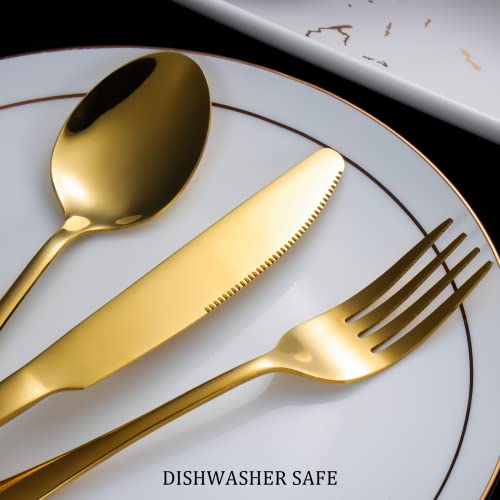60-Piece Gold Silverware Set, Stainless Steel Flatware Cutlery Set Service for 12, Gold Utensils Tableware Cutlery Set for Home Restaurant, Mirror Finish, Dishwasher Safe (Gold)