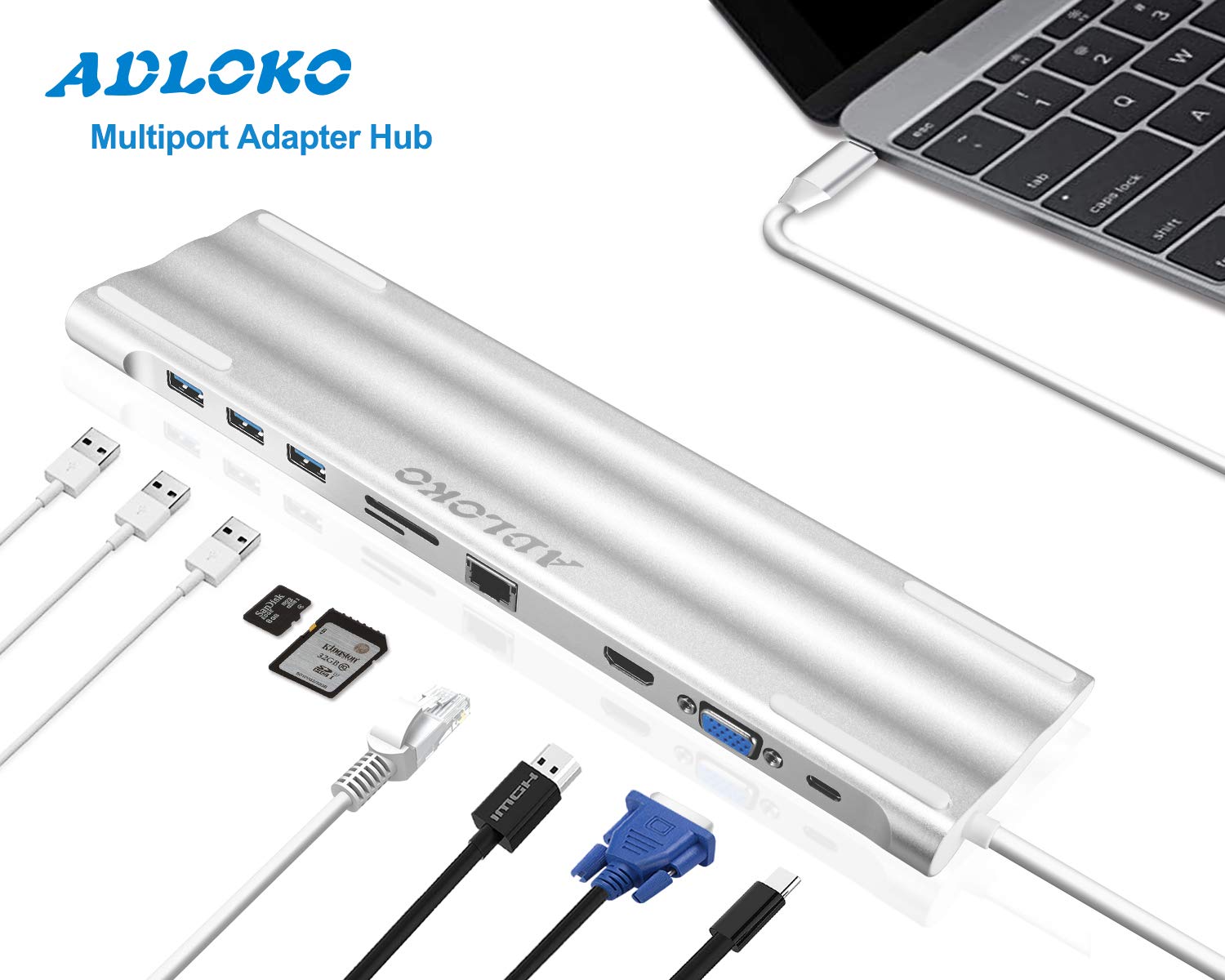 ADLOKO 10 in 1 USB C Hub, 4K HDMI, VGA, SD/TF Card Reader, RJ45 Ethernet, 3X USB3.0 Ports, 3.5mm Audio USB C Multiport Adapter