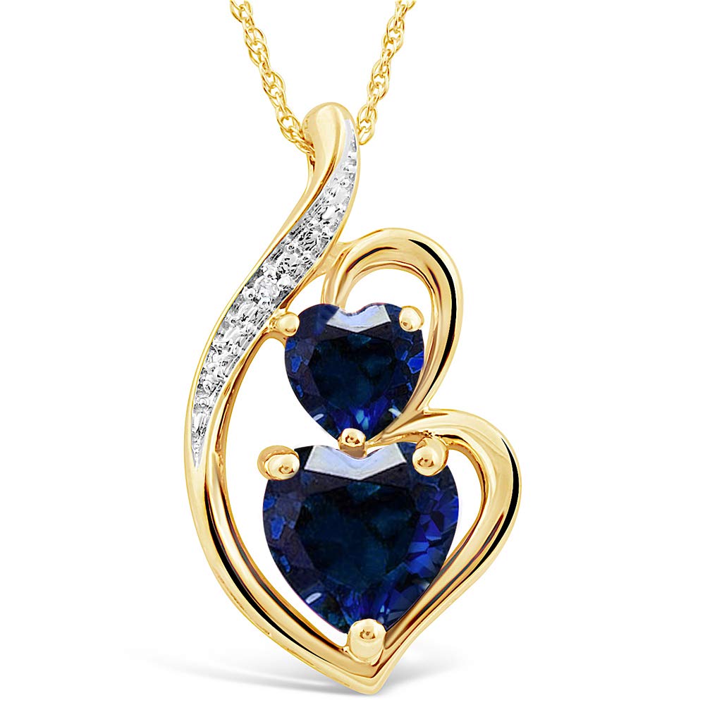 10kt Yellow Gold Lab Created Blue Sapphire Heart Necklace Diamond Accent - 18 Inch Chain