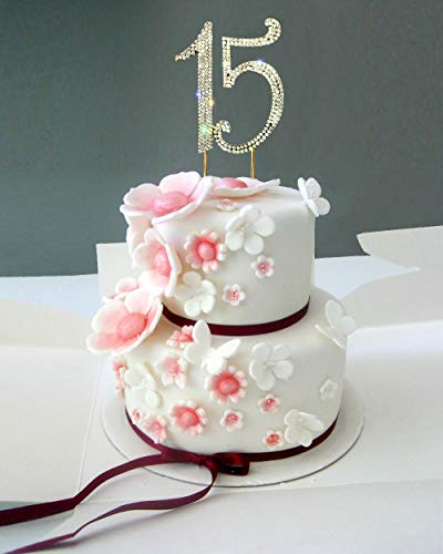 15 Cake Topper | Premium Bling Rhinestone Diamond Gems | 50th Birthday or Anniversary Party Decoration Ideas | Quality Metal Alloy | Perfect Keepsake
