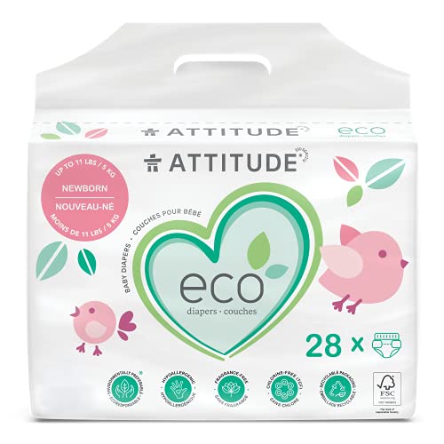 ATTITUDE Non-Toxic Diapers, Eco-Friendly, Safe for Sensitive Skin, Chlorine-Free, Leak-Free & Biodegradable Baby Diapers, Plain White, Newborn (Up to 11 lbs), 112 Count (4 Packs of 28)
