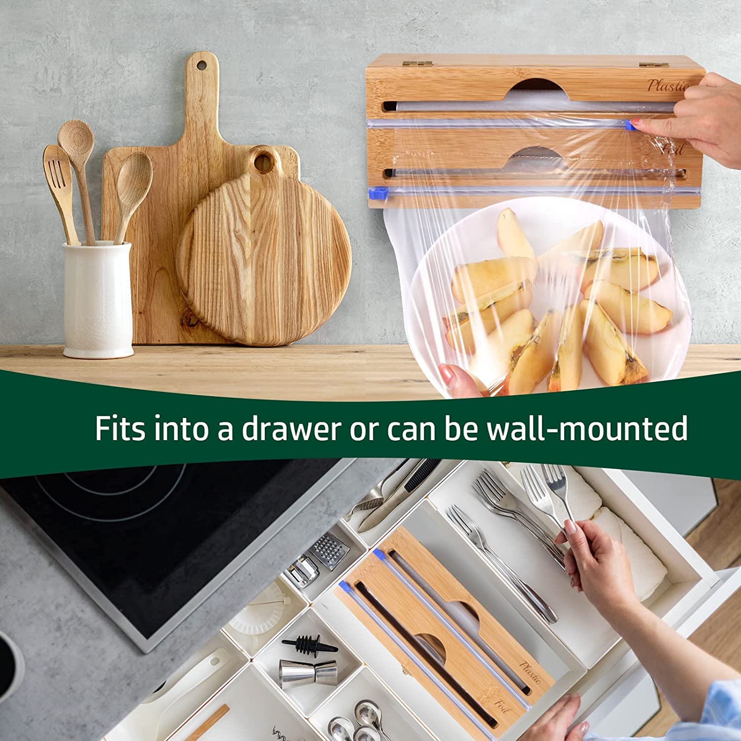 2 in 1 Food Wrap Organizer with Cutter, Bamboo Wrap Dispenser for Aluminum Foil, Wax Paper, Plastic Wrap, Wall Mounted or Kitchen Drawer Organization and Storage Holder,Max for 12" Roll