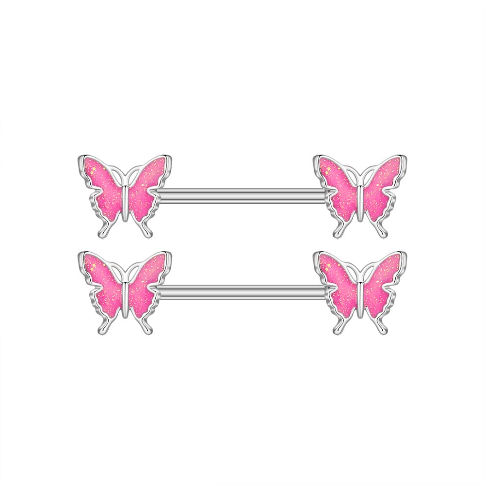 14G Dainty Butterfly Nipple Rings 316L Stainless Steel Nipple Barbell Nippleshield Piercing Bar Nipple Straight Barbells Cute Body Piercing Jewelry Gifts for Women Girls BFF Wife (Pink)
