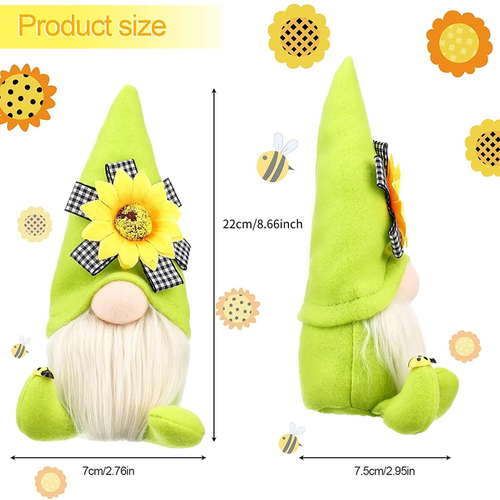 3 Pieces Sunflower Summer Gnomes Sunflower Garden Plush Doll Honey Bee Fall Decorations Scandinavian Tomte Swedish Sunflower Elf for Farmhouse Kitchen Decor, Rustic Buffalo Plaid Ladybug