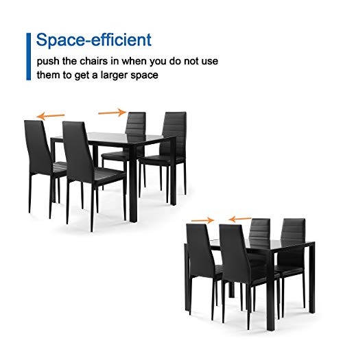 Henf 5-Piece Kitchen Dining Table Set W/Glass Tabletop, 4 PU Leather Chairs Glass Dining Set for Home Kitchen Dining Room Breakfast Furniture, Black