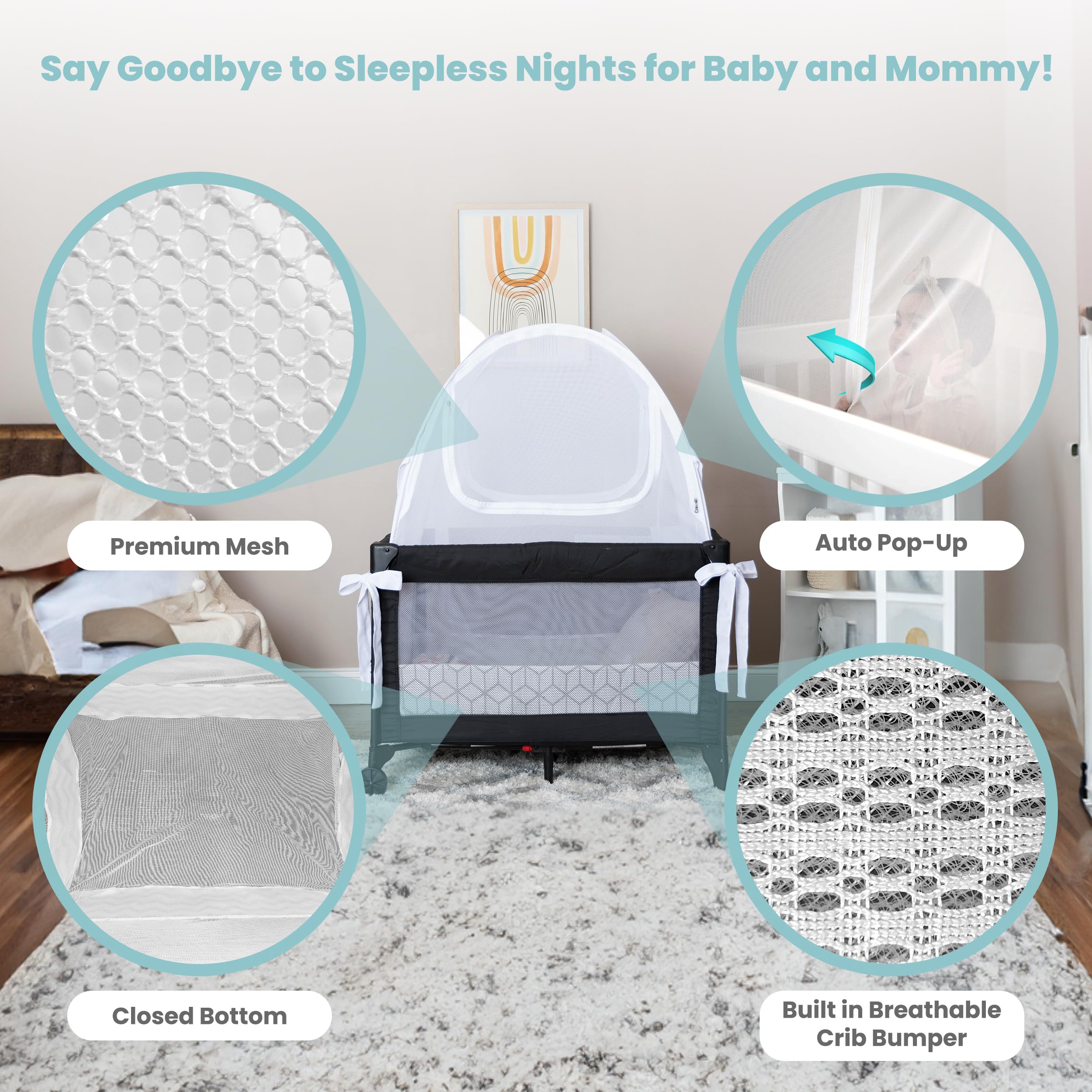 Pro Baby Safety Premium Pack n Play Tent, Mini Crib Tent to Keep Baby from Climbing Out, Auto Pop Up Pack and Play Tent with Auto-Lock Zippers, Thick Velvety Breathable Mesh (Geometric Cubes)