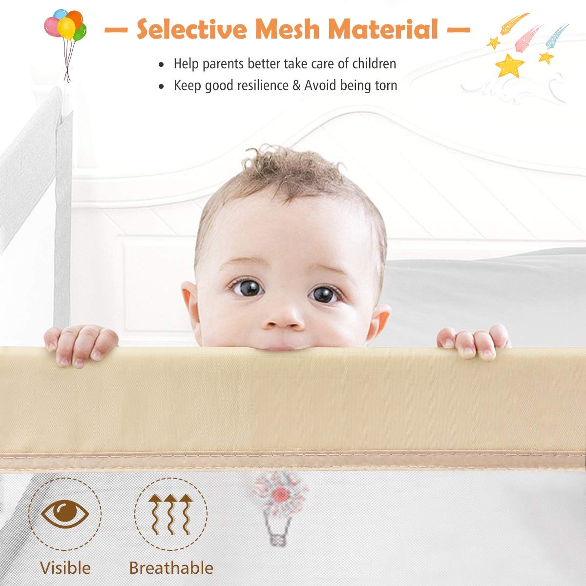 Costzon Bed Rail for Toddlers, 2 PCS Extra Long Swing Down Safety Bed Guards w/Straps for Convertible Crib, Kids Twin, Double, Full Size, Queen & King Bed, Folding Bed Rails for Baby (59-Inch, Beige)