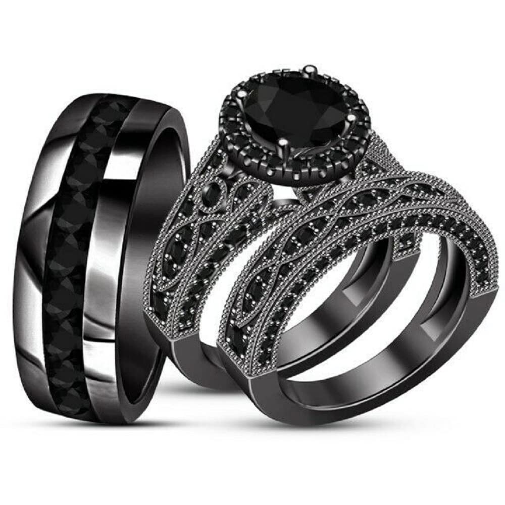 14K Black Gold Over Round Cut Black Diamond 925 Sterling Silver Diamond Engagement Wedding Trio Ring Set for His & Her
