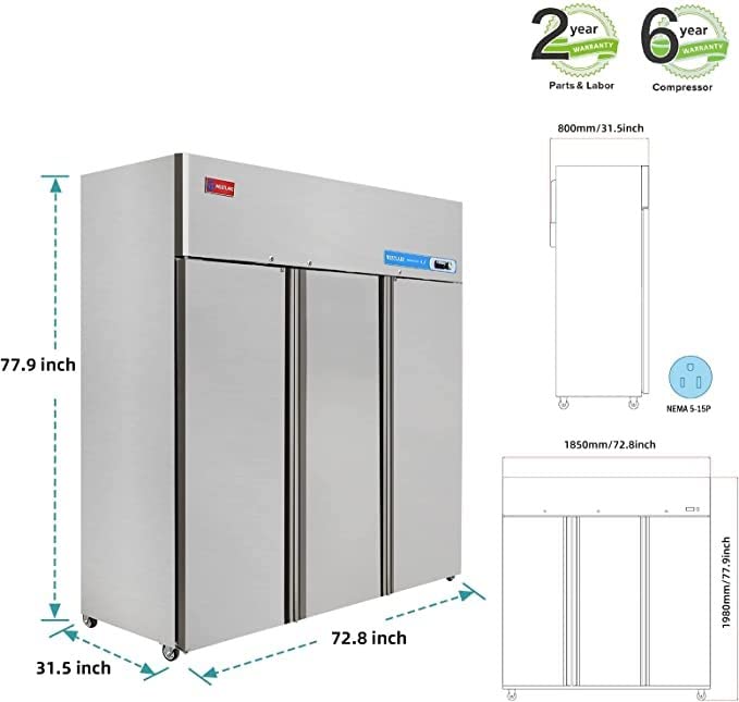 Aceland Commercial Freezer NON-ETL 72"W 3 Section Stainless Steel Reach-in Solid Door Upright Fan Cooling 54 Cu.ft Freezer for Restaurant, Bar, Shop, etc