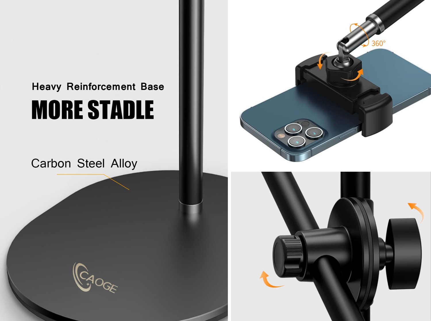 CAOGE Overhead Phone Stand, Live Stand, Adjustable Tabletop Phone Mount, Phone Holder Mount 360° Rotation, Long Arm Bracket for Filming, Tiktok, Crafting, Baking, Drawings, Cooking and Recording