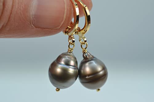 14K Gold Filled Genuine Tahitian Black Pearl Hoop Earrings for Women