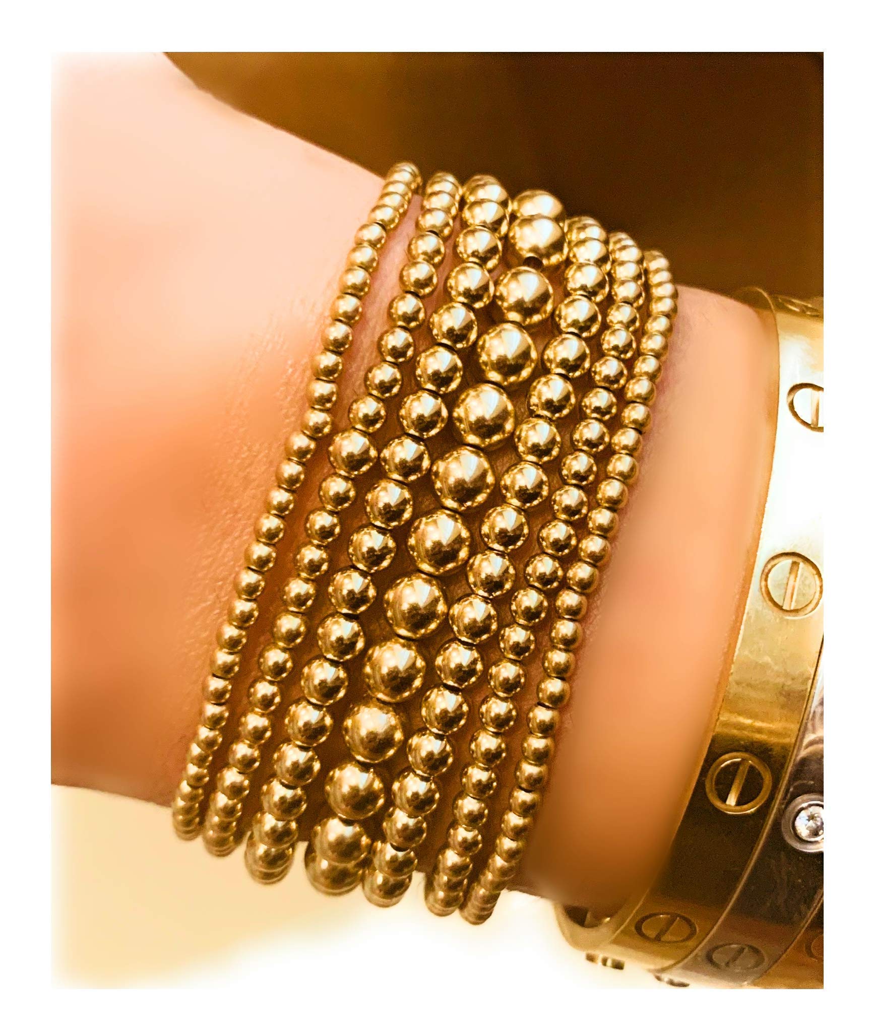 14k Gold Filled Beaded Ball Bracelet, 4mm, Dainty Layering Jewelry, Stacking Stretch Bracelets (6)