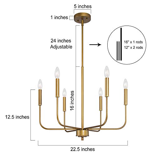 LOG BARN Gold Chandelier, Brass Chandelier for Dining Room, Gold Light Fixtures for Sitting Room, Bedroom, 6-Light, 22.5β Dia