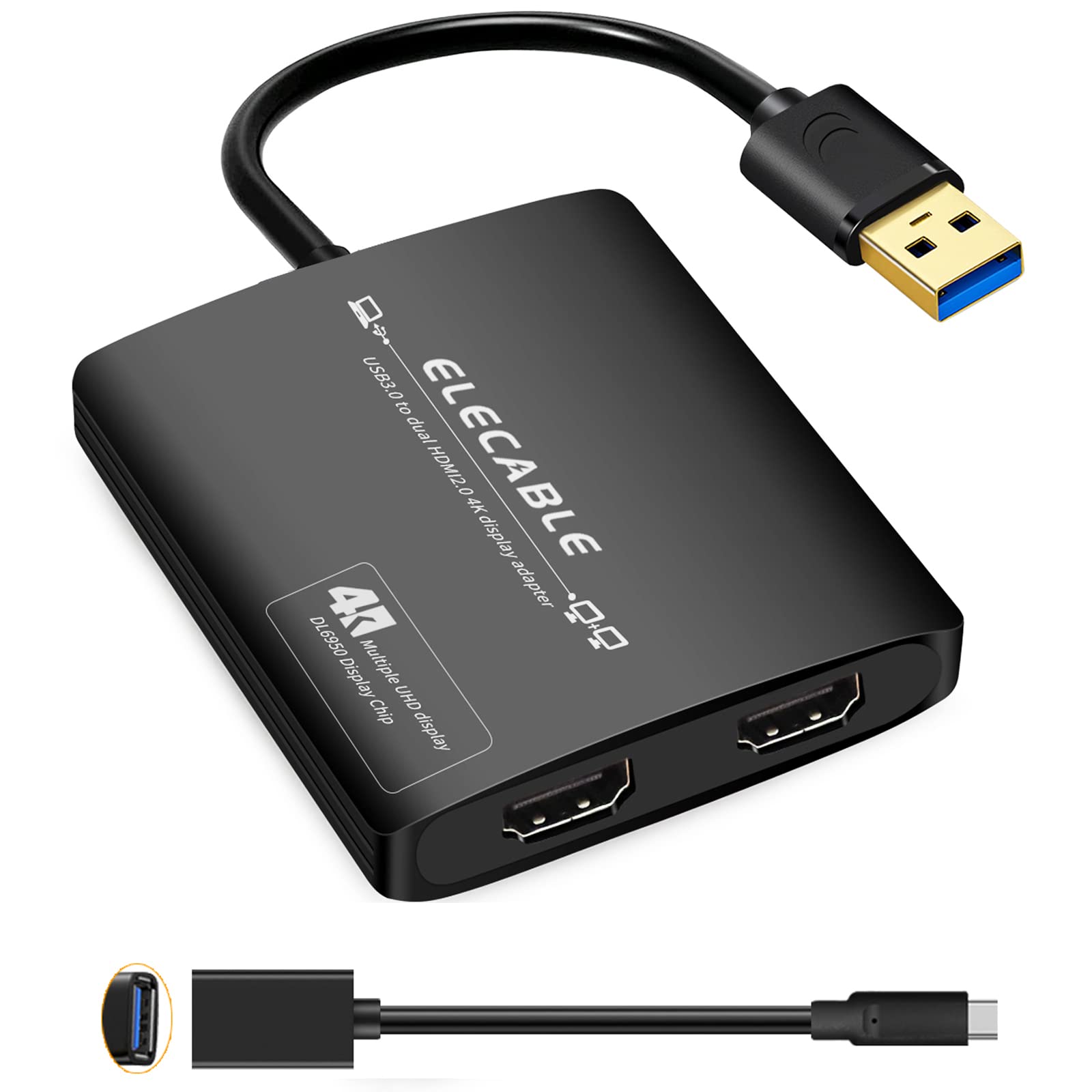 USB 3.0 to Dual HDMI Adapter - 4K+4K 60Hz Ultra HD - Built-in DisplayLink DL6950 Chip - Extend Screen to Multiple Monitor TV Compatible with Windows,Mac OS,Android,Chrome OS,Ubuntu(HDMI+HDMI)