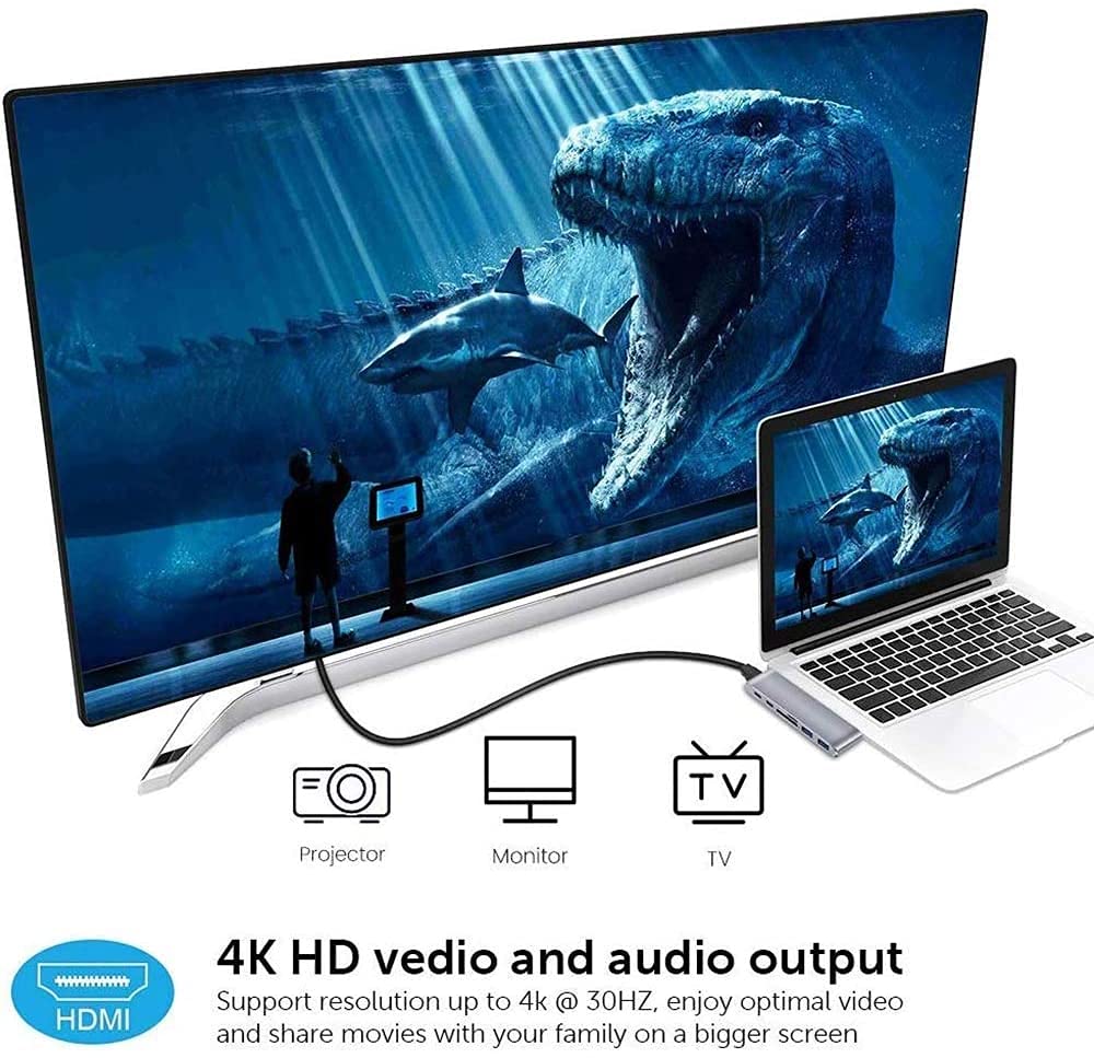 WangW USB C Hub, 7 in 1 Type C Aluminum Adapter for MacBook Pro 13″ and 15″ 2016/2017/2018/2019, Air 2018/2019, 4K USB C HDMI, 2 USB 3.0 Ports, TF/SD Card Reader,USB C Power Delivery,Black