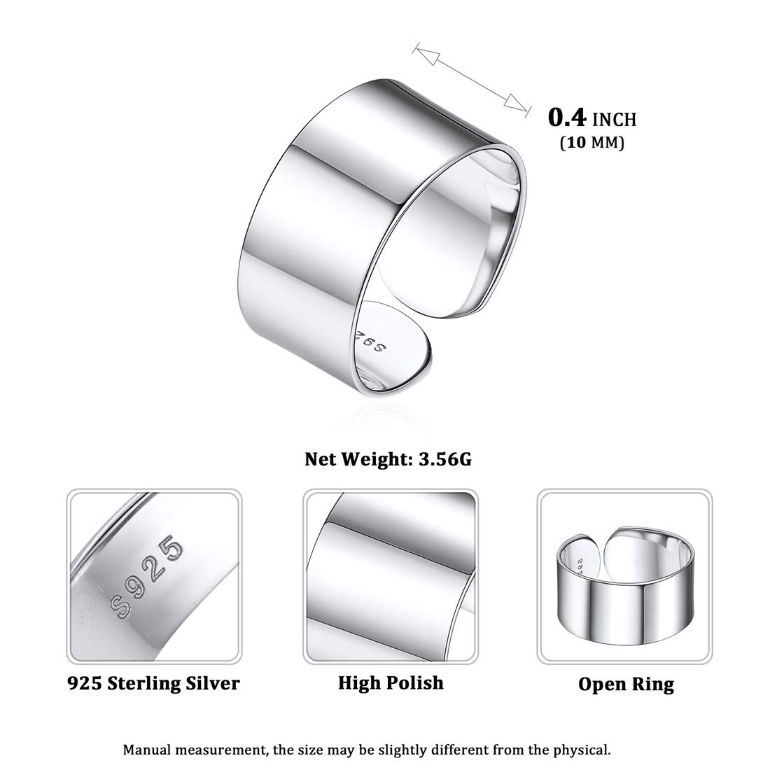 10mm 925 Sterling Silver Rings for Women Mens High Polished Plain Dome Eternity Band Adjustable Flat Wide Cuff Ring for Women Men