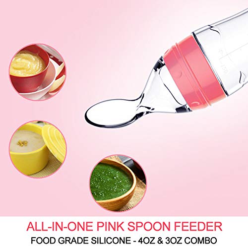 Baby Mate 4oz & 3oz Silicone Baby Food Dispensing Spoon Combo (Pink, Ideal for 4 Months+ Babies) FDS - Infant Feeders for Cereal and Baby Food - Silicone Squeeze Feeder with Spoon - Solid Feeding