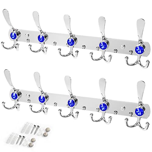 2 Pack Coat Hooks Wall Mounted – Premium Stainless Steel 5, Tri-Wall Hooks for Hanging Coats & Towels with Embedded Blue Jems – Heavy Duty Closet Hooks for Hanging Clothes, Robes, Hats (Silver)