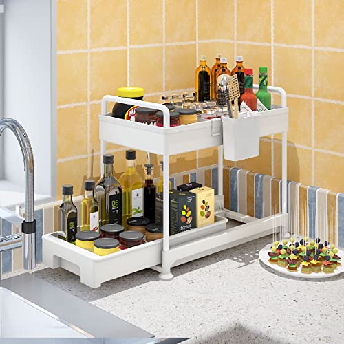 2 Pack Under Sink Organizer- Stackable 2 Tier Bathroom Storage Organizers and Storage with Hanging Cup and Hooks, White Under Sink Shelf Rack for Bathroom Kitchen Countertop Office Cabinets,White