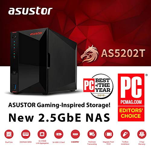 Asustor AS5202T - 2 Bay NAS, 2.0GHz Dual-Core, 2 2.5GbE Ports, 2GB RAM DDR4, Gaming Network Attached Storage, Personal Private Cloud (Diskless)