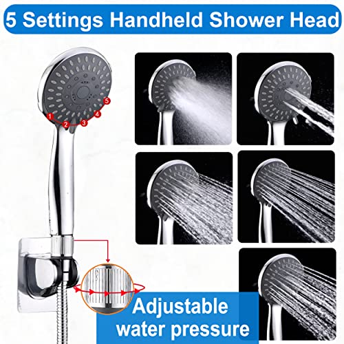 12"High Pressure Rainfall Shower Head with Handheld Spray Combo, Square Waterfall Shower Heads, 5Settings Chrome Showerhead Spray with Holder, 13"Adjustable Extension Arm, 59"Stainless Steel Hose